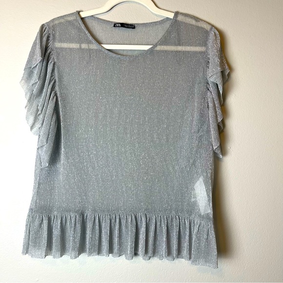 Zara | Tops | Zara Silver Sheer Ruffle Top | Poshmark